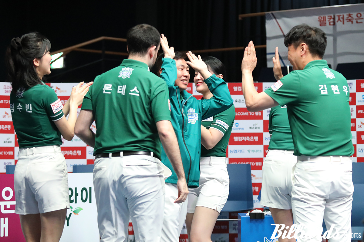 '나홀로 9득점' 정수빈-'복식전 2승' 김현우, NH농협카드 2승 견인…휴온스에 4-3 신승 [PBA 팀리그 3R]